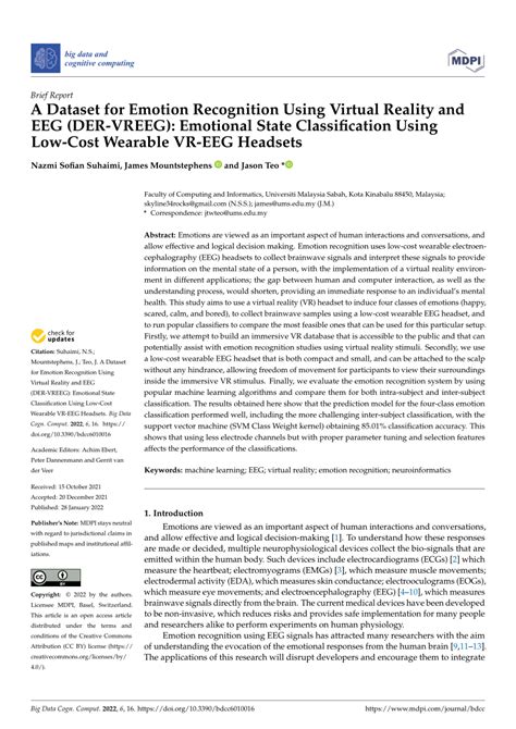Pdf A Dataset For Emotion Recognition Using Virtual Reality And Eeg