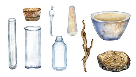 코르크가 달린 투명한 유리 플라스크 세트 흰색으로 분리된 수채화 그림 빈 병 실험실 비커 박격포 나무 스탠드 손으로 그렸습니다