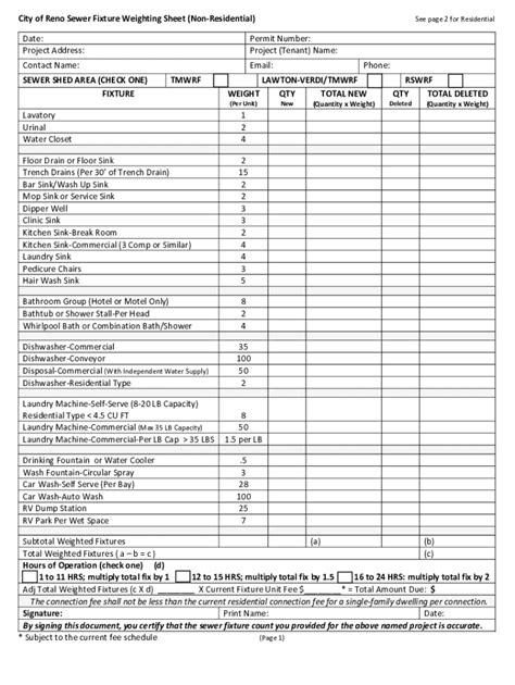 City Of Reno Sewer Fixture Weighting Sheet Fill Out Sign And Share