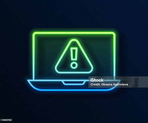 파란색 배경에 격리 된 느낌표 아이콘이있는 빛나는 네온 라인 노트북 경고 메시지 스마트 폰 알림 벡터 Brand Name Smart Phone에 대한 스톡 벡터 아트 및