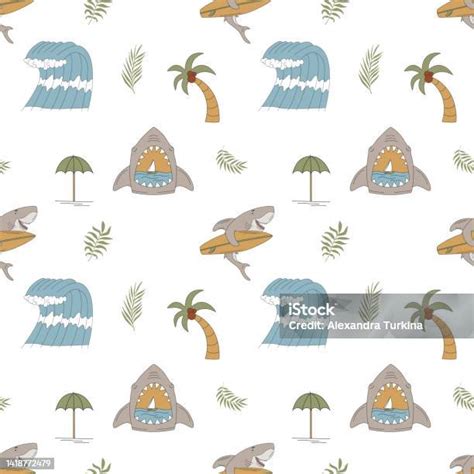 서핑 테마가있는 손으로 그린 요소가있는 완벽한 패턴 파도 서핑 야자수 등 0명에 대한 스톡 벡터 아트 및 기타 이미지 0명 나무 낙서 드로잉 Istock