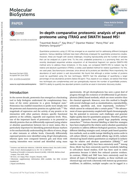 Pdf In Depth Comparative Proteomic Analysis Of Yeast Proteome Using