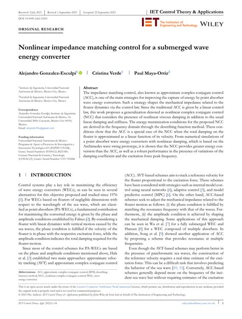 Pdf Nonlinear Impedance Matching Control For A Submerged Wave Energy Converter