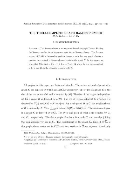 Pdf The Theta Complete Graph Ramsey Number R θn K7 N 7 N ≥ 14