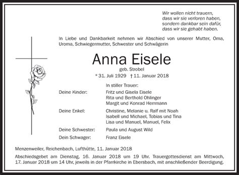 Traueranzeigen Von Anna Eisele Schwaebischede Trauerportal