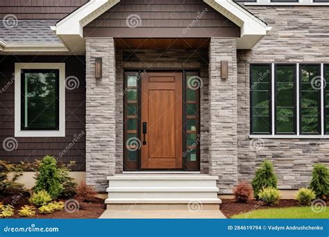 Main Entrance Door In House Wooden Front Door With Gabled Porch And