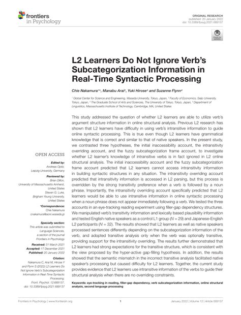 Pdf L2 Learners Do Not Ignore Verbs Subcategorization Information In