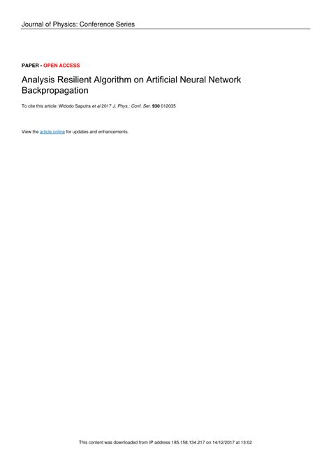 pdf analysis resilient algorithm on artificial neural network