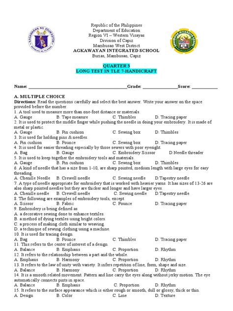 1st Summative Test In Tle 7 Q3 2 Pdf Sewing Sewing Needle