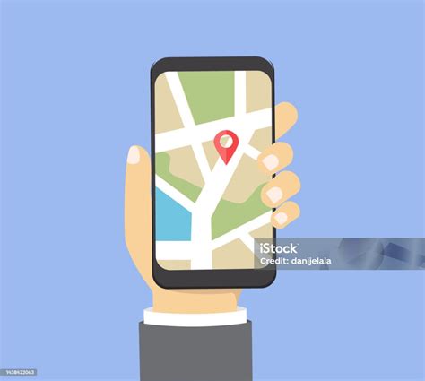 온라인 도시지도 휴대 전화 화면의 Gps 응용 프로그램 위치 표시 포인터가있는 여행을위한 네비게이션 응용 프로그램 사용 3차원 형태에 대한 스톡 벡터 아트 및 기타 이미지