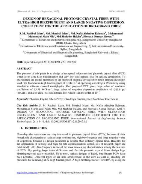 Pdf Design Of Hexagonal Photonic Crystal Fiber With Ultra High Birefringent And Large Negative