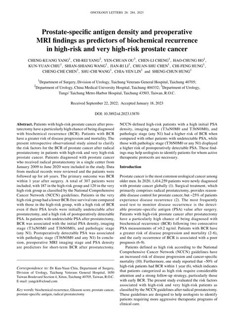 Pdf Prostate‑specific Antigen Density And Preoperative Mri Findings As Predictors Of
