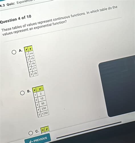 Solved 43 Quiz Exponentíal These Tables Of Values Represent