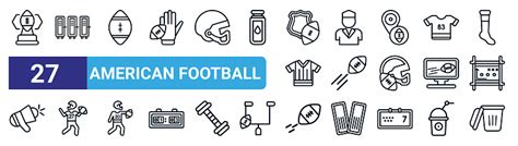미식 축구 컵 사물함 미식 축구 공 트레이너 비행 공 손에 공을 던지는 놀이 빠른 쓰레기 수 벡터와 같은 27 개의 얇은 선 미식 축구 아이콘 세트 미식 축구에 대한 스톡