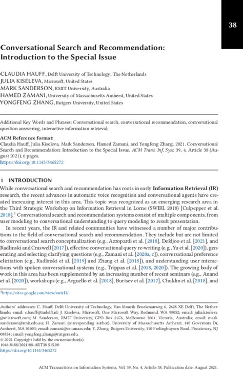 Conversational Search And Recommendation Introduction To The Special Issue Acm Transactions