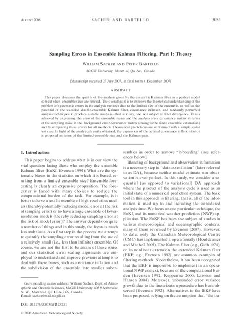 pdf sampling errors in ensemble based kalman filtering part i theory