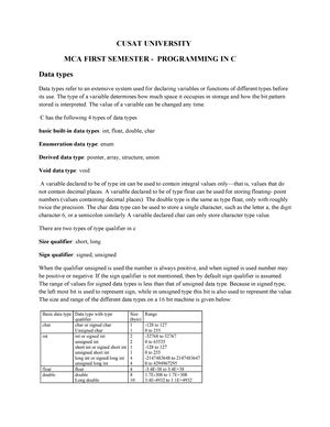 C Programming Data Type Conversions CUSAT UNIVERSITY MCA FIRST SEMESTER PROGRAMMING IN C