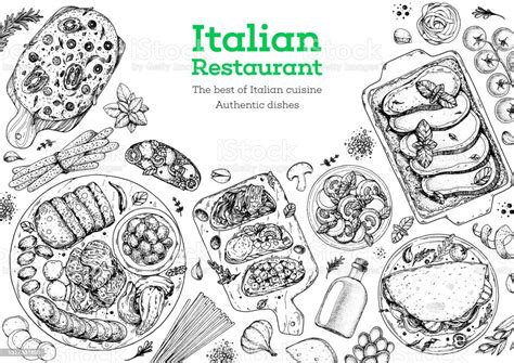 이탈리아 음식 메뉴 스케치 디자인 템플릿입니다 손으로 그린 그림 이탈리아 요리 음식 스케치 흑백 각인 된 스타일 일러스트레이션에