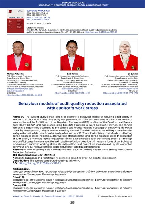 Pdf Behaviour Models Of Audit Quality Reduction Associated With Auditors Work Stress