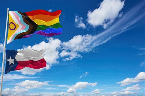 Large Lgbtq Progress Pride With Intersex Inclusion Flag And Flag Of Texas State Usa Freedom
