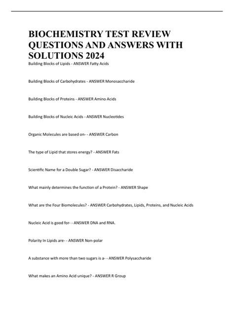 Biochemistry Test Review Questions And Answers With Solutions 2024 Biochemistry Stuvia Us