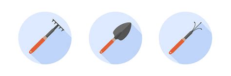 정원 도구 아이콘 삽 레이크 손 재배기는 흰색 배경에 고립되어 있습니다 플랫 만화 스타일의 벡터 일러스트레이션 국산 오렌지와 케어 컨셉 원예 및 농업 취미 가위에 대한 스톡
