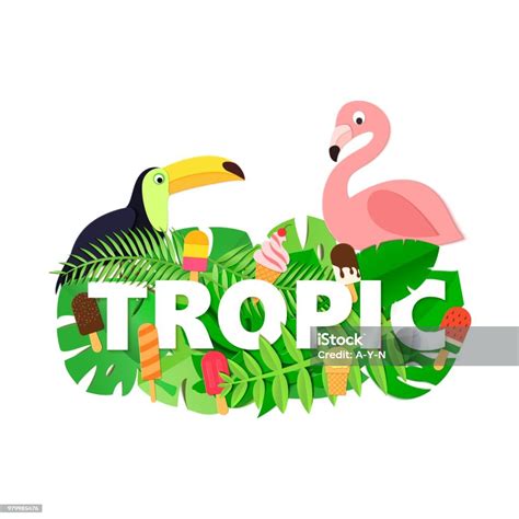 정글 단어 트로픽 구성 스타일을 잘라 종이에 흰색 바탕에 아이스크림 큰부리새 플라밍고를 떠난다 하얀 편지 디자인 포스터 배너 전단지 T셔츠 인쇄 벡터 카드 그림입니다 0명에
