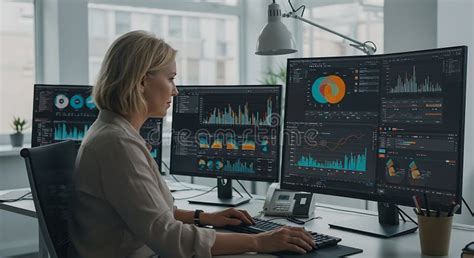 Focused Analyst Reviews Complex Data Dashboards On Multiple Monitors In
