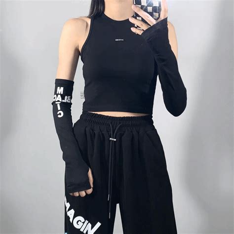 1 1할인 매직블랙 워머set 크롭 민소매 레터링 프린팅 패치 나시 탑 스트릿 클럽 아이돌방송댄스 댄서공연무대단체의상