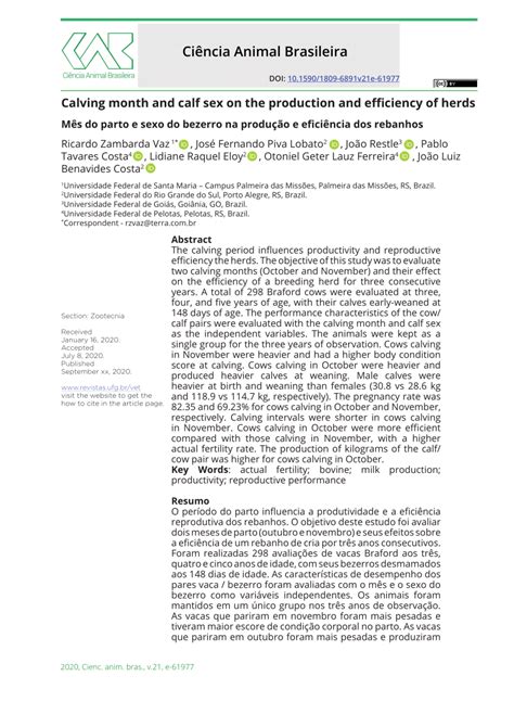 PDF Calving month and calf sex on the production and efficiency of herds Mês do parto e sexo