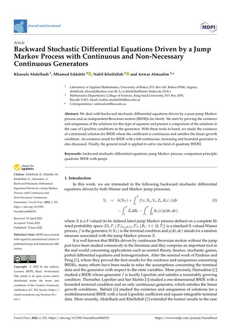 Pdf Backward Stochastic Differential Equations Driven By A Jump Markov Process With Continuous