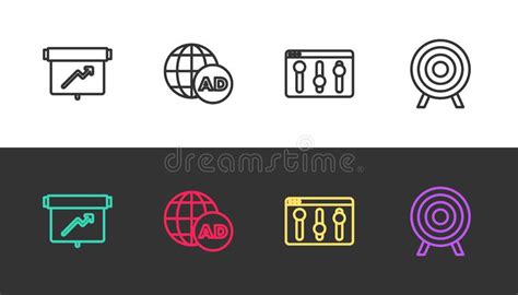 Set Line Board with Graph Chart, Advertising, Browser Setting and Target Sport on Black and ...