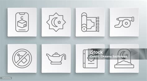 세트 라인 알코올 팔각형 별 오일 램프 코란의 거룩한 책 무슬림 묘지 전통 카펫 라마단 대포 별과 초승달 아이콘 벡터 0명에