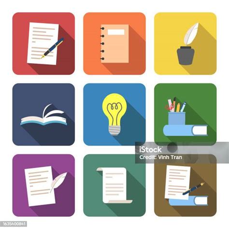 문학 아이콘의 벡터 집합은 긴 그림자가 있는 플랫 스타일입니다 편지 깃털 깃펜 기사 책 아이디어 전구 교과서 출판 작가 작가 시 벡터 일러스트레이션 로고 디자인 개념에 대한