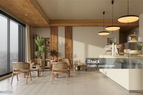 Wabi Sabi 스타일의 카페 인테리어 커피 테이블 의자 및 펜던트 조명 레스토랑에 대한 스톡 사진 및 기타 이미지 레스토랑 카페 실내 Istock