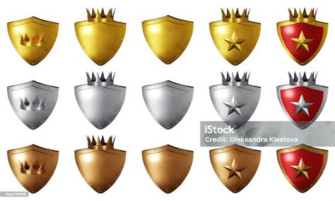3d 실버 브론즈 골드 쉴드 현실적인 레벨 업 게임 배지 세트 금속 트로피 렌더링 어워드 키트 배지에 대한 스톡 사진 및 기타 이미지 Istock