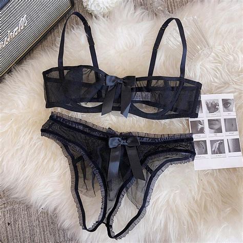 New Black See Through Mesh Lace Lingerie Set With Depop