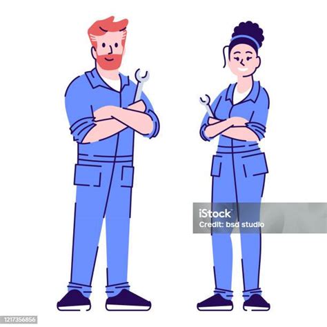 자동 역학 플랫 벡터 문자입니다 자동차 수리 여성 기술자 동료 개요와 만화 일러스트 자동 작업장 자동차 정비 서비스 노동자 흰색에 고립 된 핸디 기계공에 대한 스톡 벡터