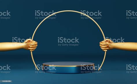 현대 무대 디스플레이 및 미니멀리스트 모형 추상 쇼케이스 배경 개념 3d 그림 또는 3d 렌더링을 위한 파란색 구성의 금색