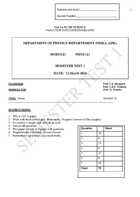 Semestertest Memo Surname And Initial FACULTY OF SCIENCE