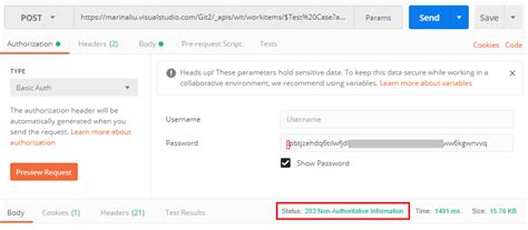 Azure Devops Getting 203 With Error When Using Vsts Rest Api Stack