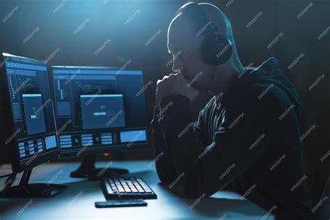 premium photo hacker with progress bar on computers in dark room