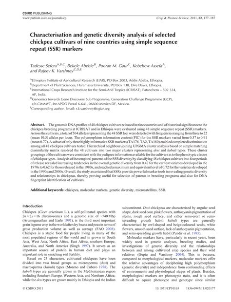 Pdf Characterisation And Genetic Diversity Analysis Of Selected Chickpea Cultivars Of Nine