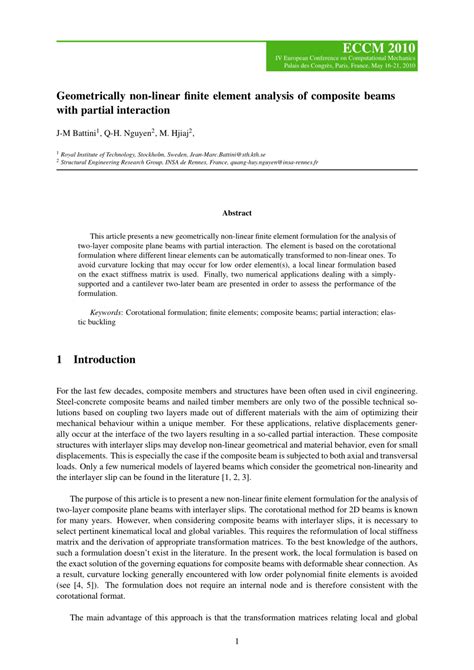 Pdf Geometrically Non Linear Finite Element Analysis Of Two Layer Composite Beams With