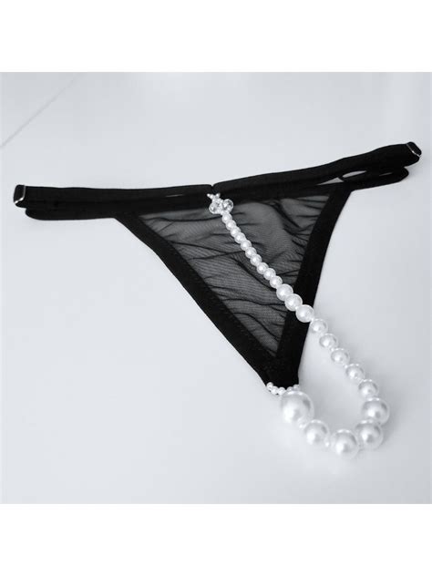 Y Back Pearls Crotchless Micro Thong See Through Mesh Extreme G String