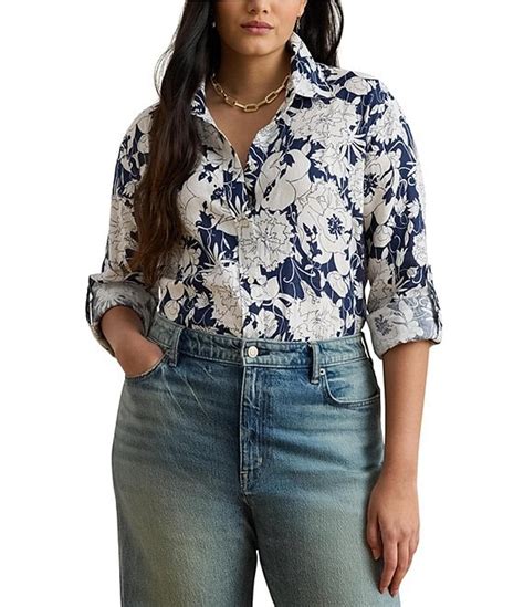 Lauren Ralph Lauren Plus Size Linen Floral Point Collar Long Roll Tab