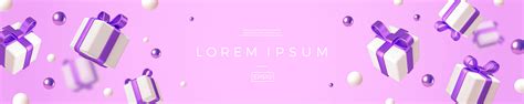 사실적인 3d 렌더링 선물 상자가 있는 배너 보라색 메탈릭 리본과 리본이 달린 흰색 선물 상자 분홍색 배경에 떨어지는 선물 상자 복사 공간이 있는 벡터 그림입니다 3차원