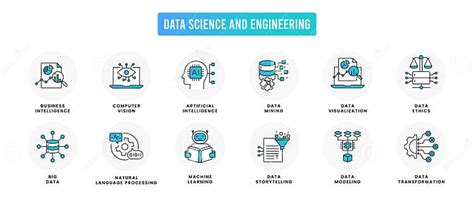 Data Science And Engineering Icons Modeling Transformation Mining Storytelling