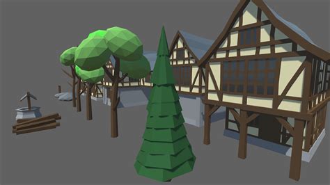 low poly medieval village