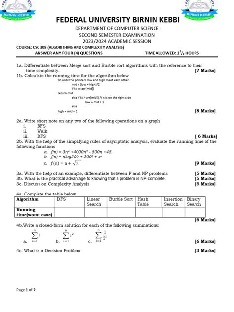 Csc 308 Exam 2024 Pdf Computational Complexity Theory Time Complexity